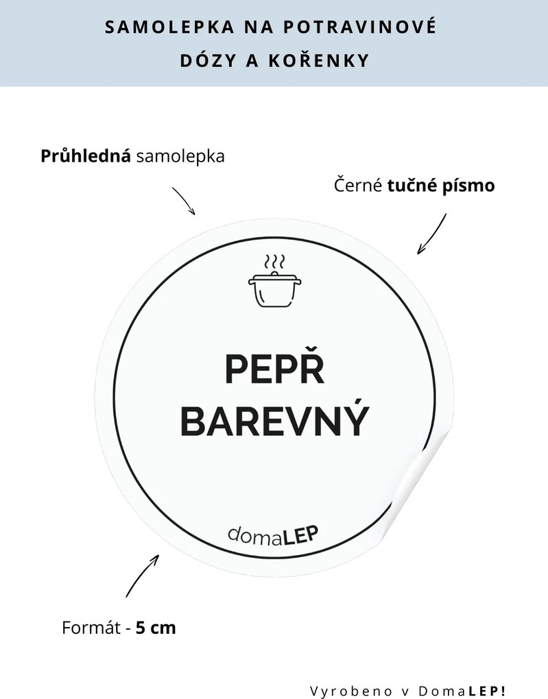 Samolepka na kořenky PEPŘ BAREVNÝ průhledná 5 cm tučné písmo