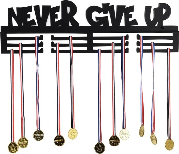 Nástěnný věšák na medaile NEVER GIVE UP černý
