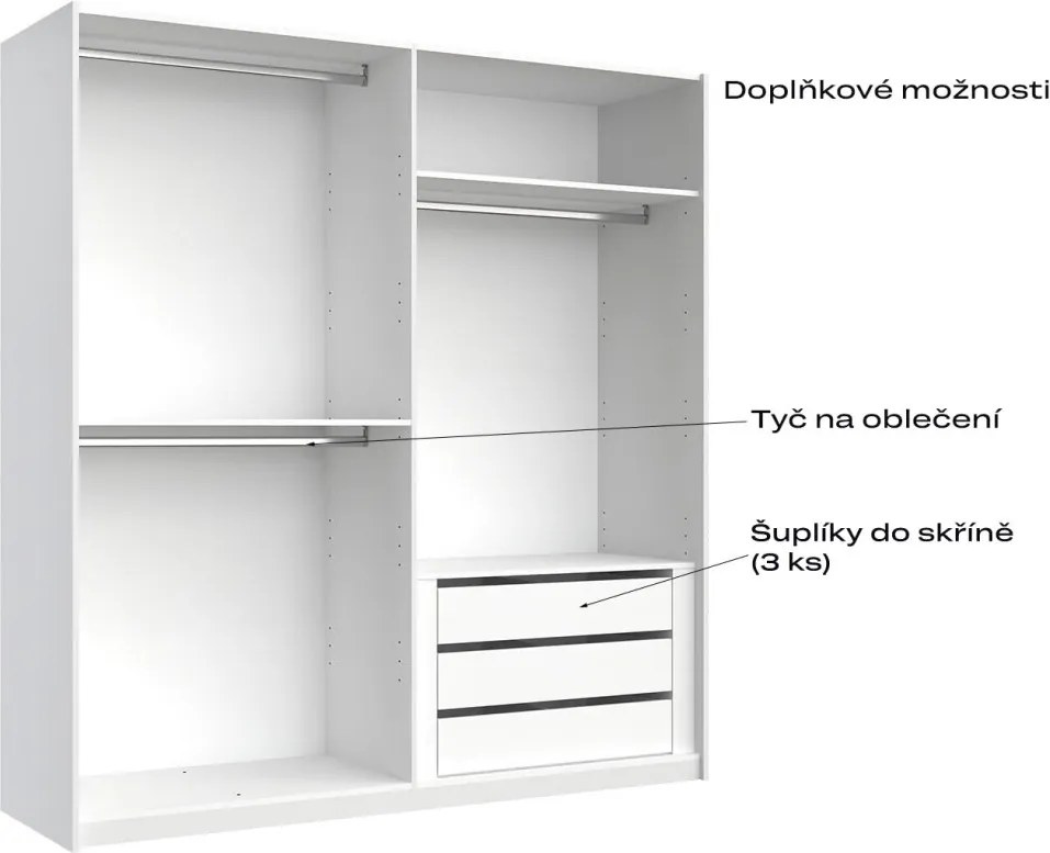 Skříň s posuvnými dveřmi 2.0x2.1m (Dveře Lesklá Bílá/Zrcadlo), série N Family
