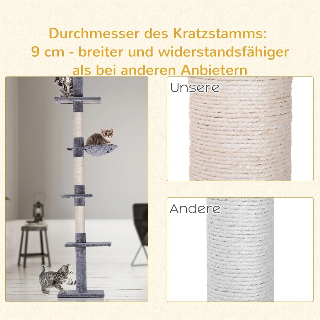 PawHut škrabadlo stropní vysoké šedé 40x34x230-260cm, výškově nastavitelný strom pro kočky se sisalovými sloupky pro šplhání a škrábání