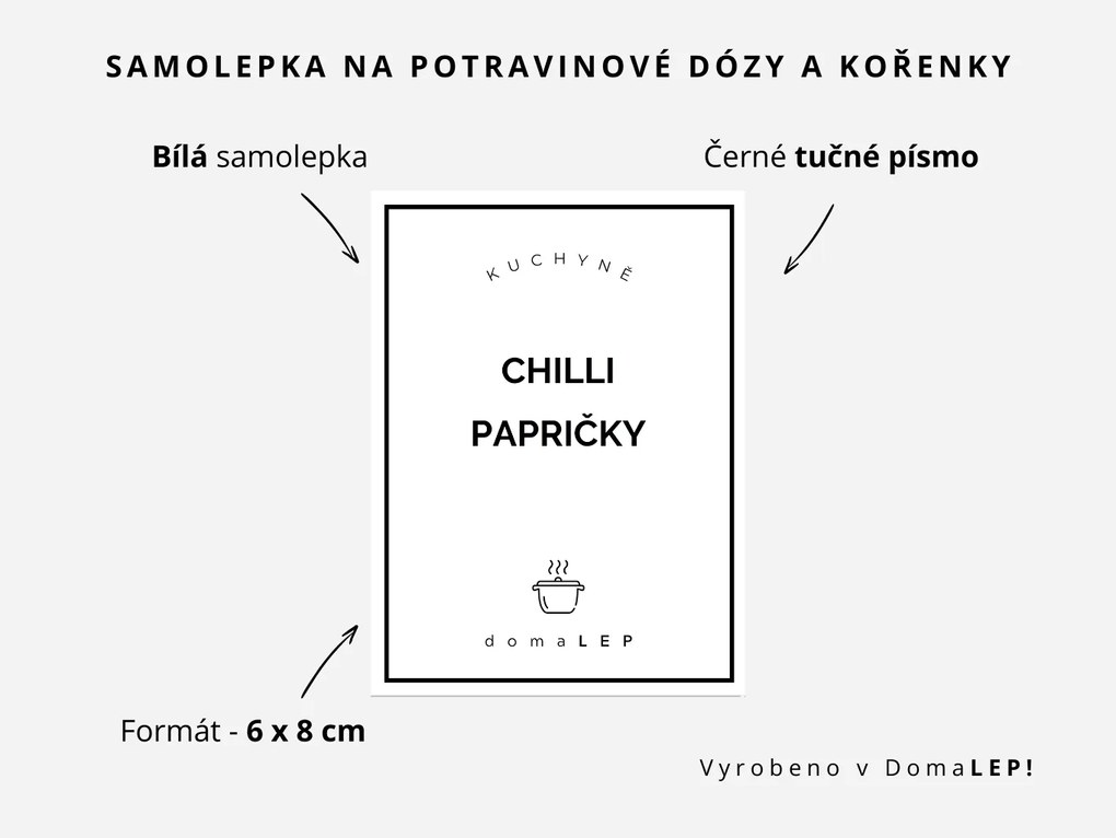 CHILLI PAPRIČKY - omyvatelná samolepka na kořenky, výběr rozměrů Ø 5 cm / 5 x 5 cm / 6 x 8 cm | DomaLEP tvar: KOLEČKO, barva: BÍLÁ - ČERNÉ písmo, velikost: Ø 5 cm - základní písmo