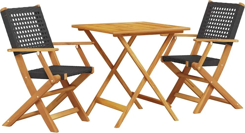 3dílný bistro set černý polyratan a masivní dřevo 3281874