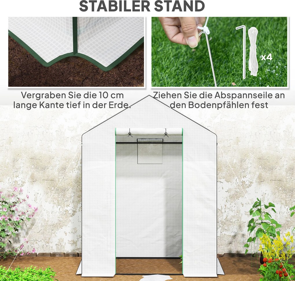 Outsunny Skleník s policemi, miniskleník, odolný proti UV záření, síťované okno, dveře na zip, 143L x 74W x 190H cm, bílý