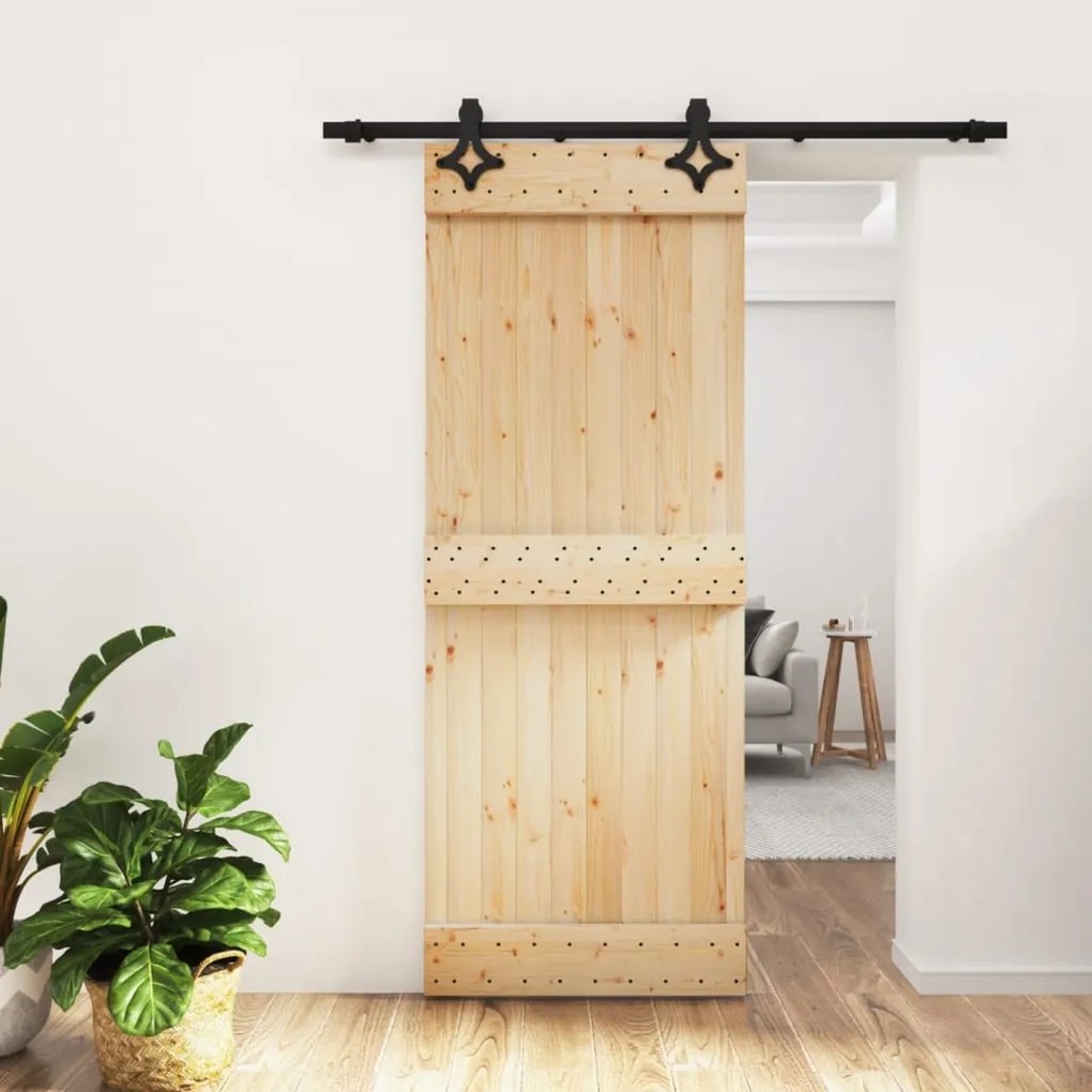 Posuvné Dveře S Kováním 80 X 210 Cm Masivní Borové Dřevo Stříbrná