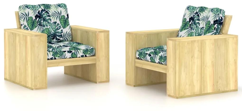 Zahradní židle 2 ks a podušky vzor listů impregnovaná borovice,  3065801