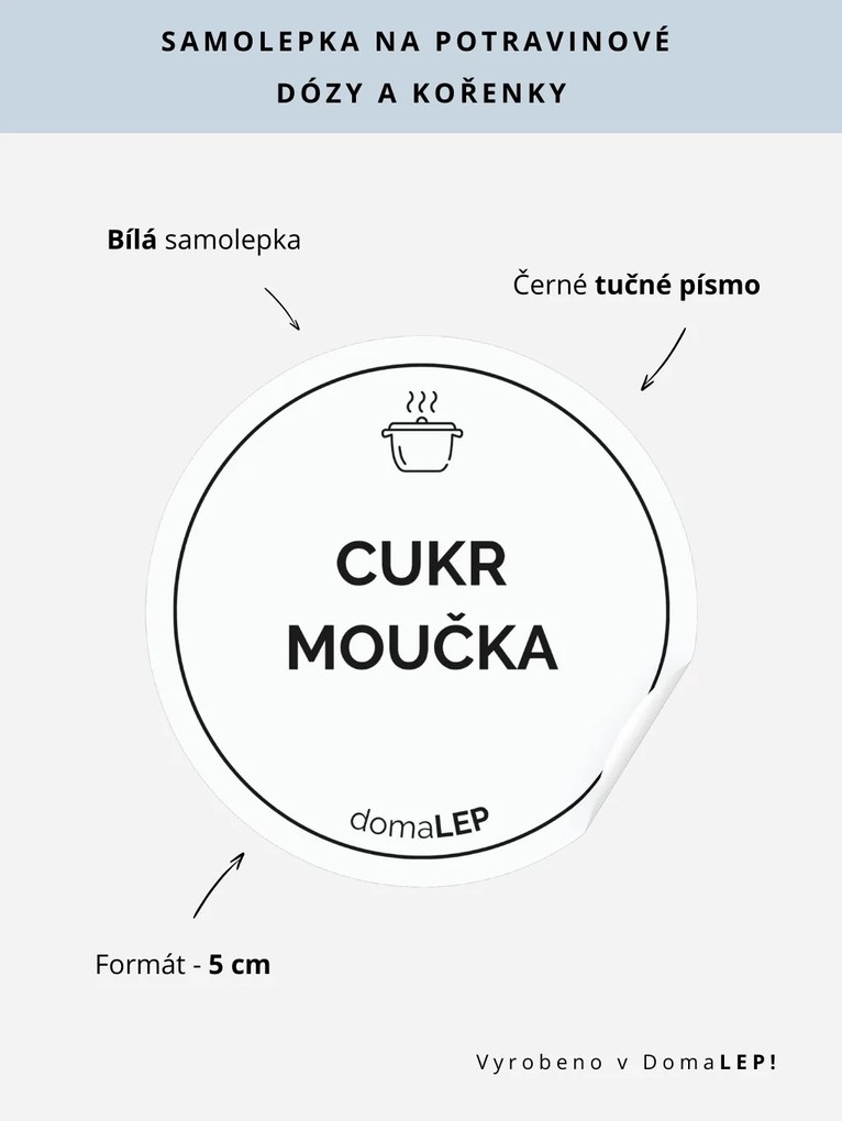 Samolepka na dózu CUKR MOUČKA – bílá, 5 cm, tučné písmo