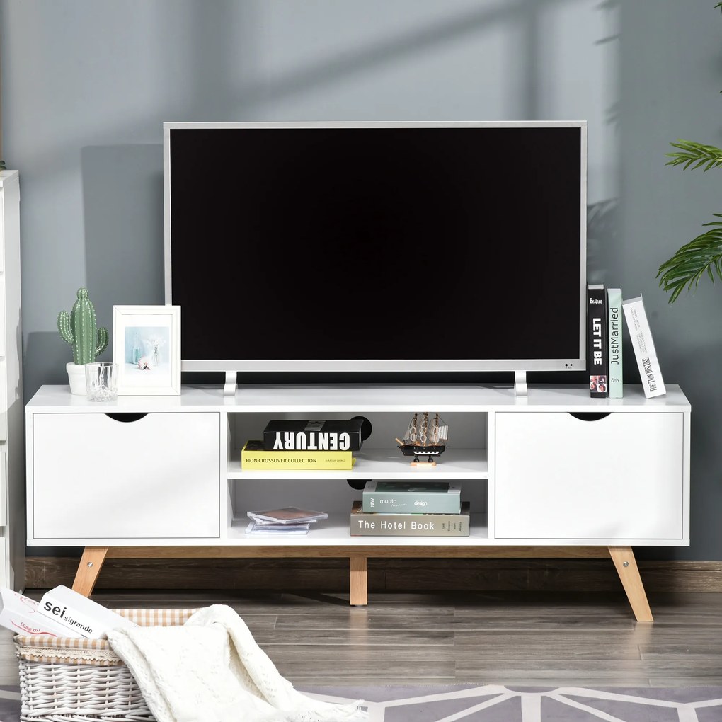 HOMCOM Moderní TV Stolek pro Televize do 65 palců s 2 Dveřmi, 2 Otevřenými Policemi a Dřevěnými Nohami 150x39x50 cm Bílý