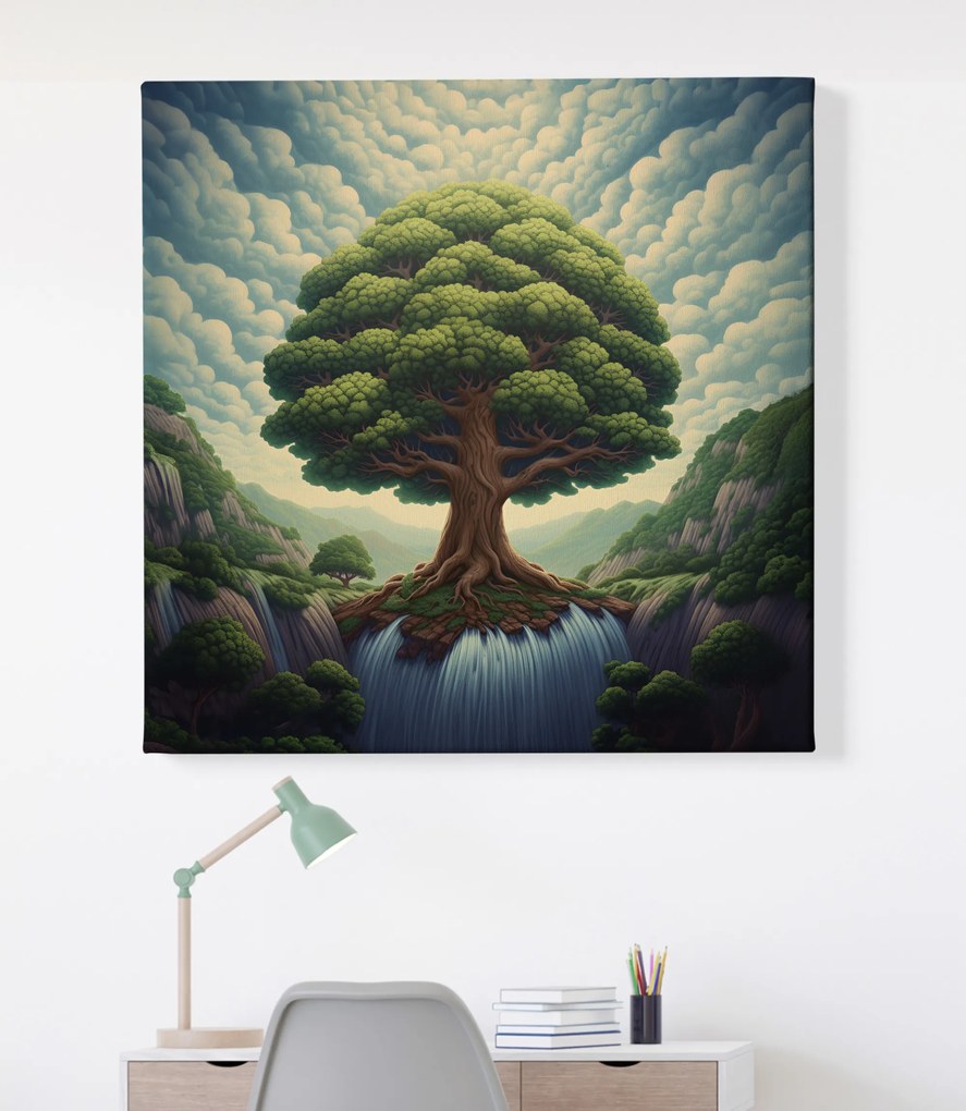 Obraz na plátně - Košatý strom života s vodopádem FeelHappy.cz Velikost obrazu: 100 x 100 cm