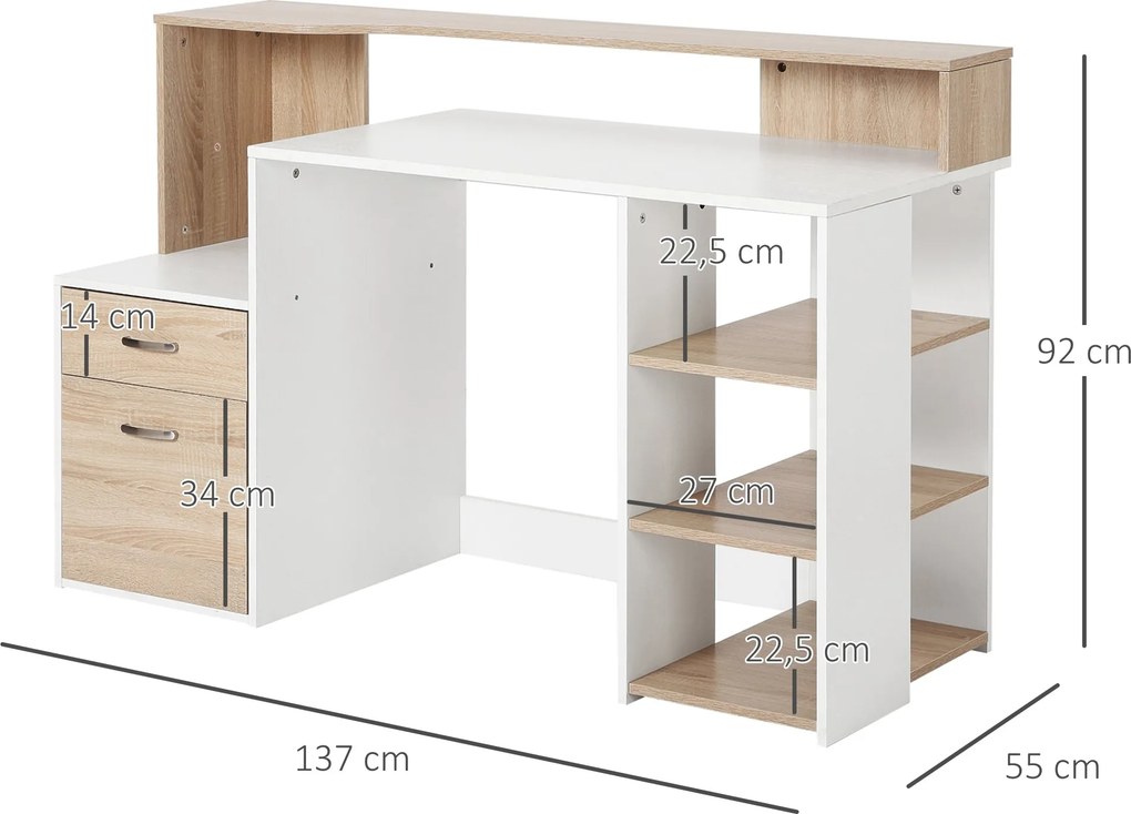 HOMCOM Počítačový stůl 137x55x92 cm s 3 policemi, 2 zásuvkami a stojanem na tiskárnu pro domácí kancelář
