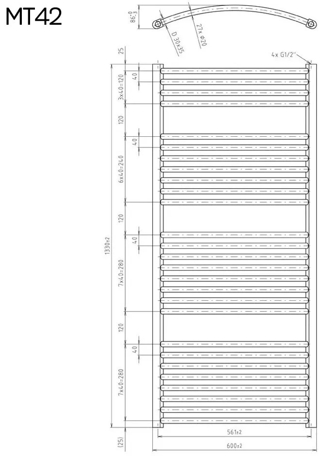 Mereo otopný žebřík oblý 600x1330 mm bílý MT42