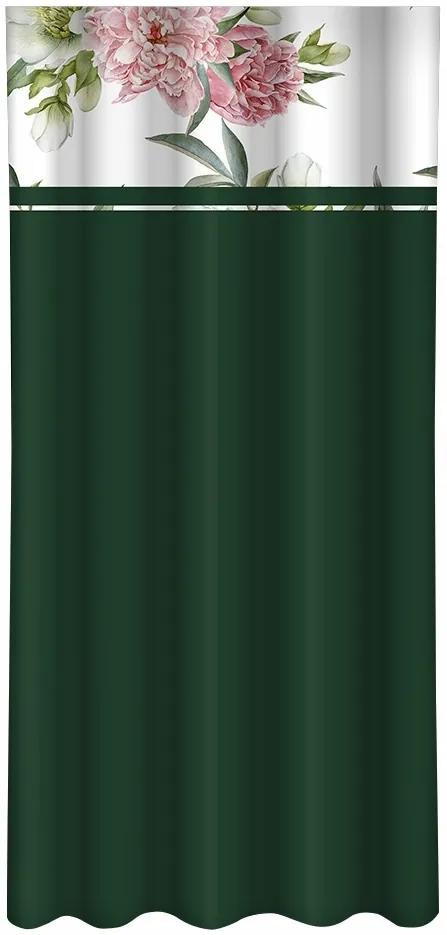 Elegantní tmavě zelený závěs s potiskem růžových pivoněk Šířka: 160 cm | Délka: 270 cm