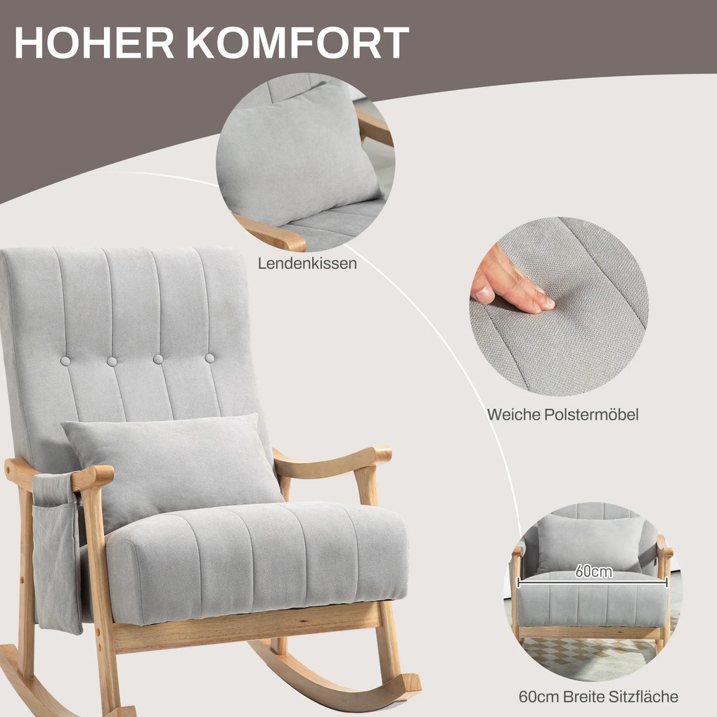 HOMCOM houpací křeslo čalouněné houpací křeslo s bederním polštářem boční kapsa relaxační křeslo dřevěný rám plátěný vzhled pro obývací pokoj ložnice…
