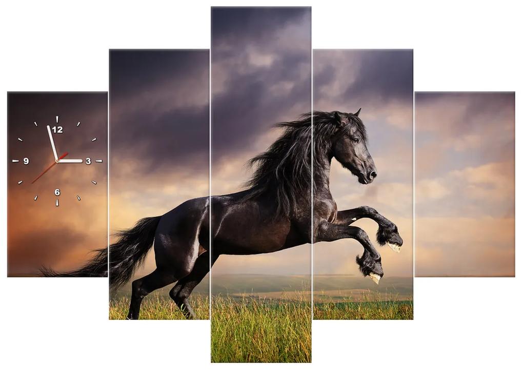 Gario Obraz s hodinami Silný černý kůň - 5 dílný Rozměry: 150 x 70 cm