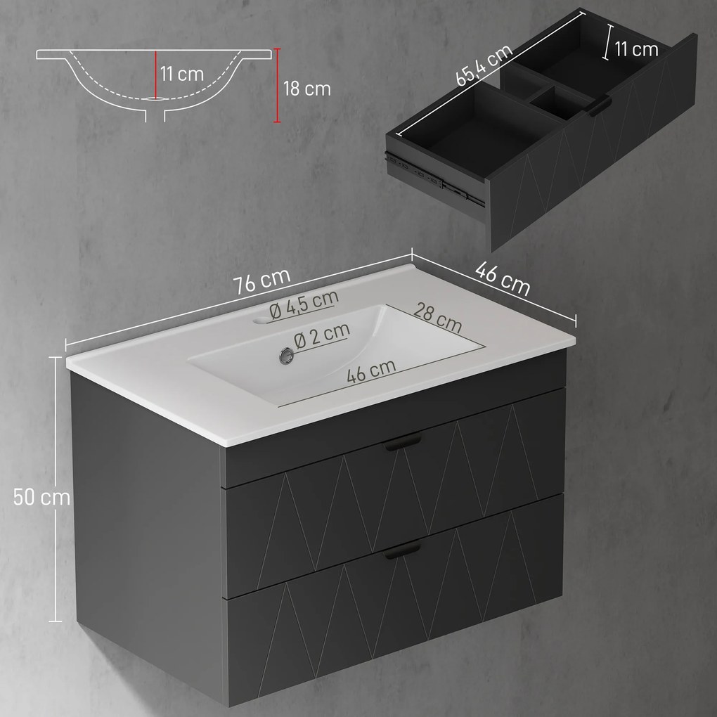 HOMCOM Skříňka pod umyvadlo závěsná skříňka s keramickým umyvadlem zásuvky se soft-close černá