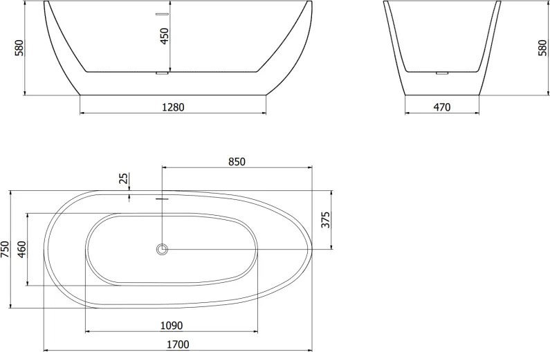 Mexen Eos, volně stojící vana 170 x 75 cm, bílá, měděný přepad, 52471707500-65