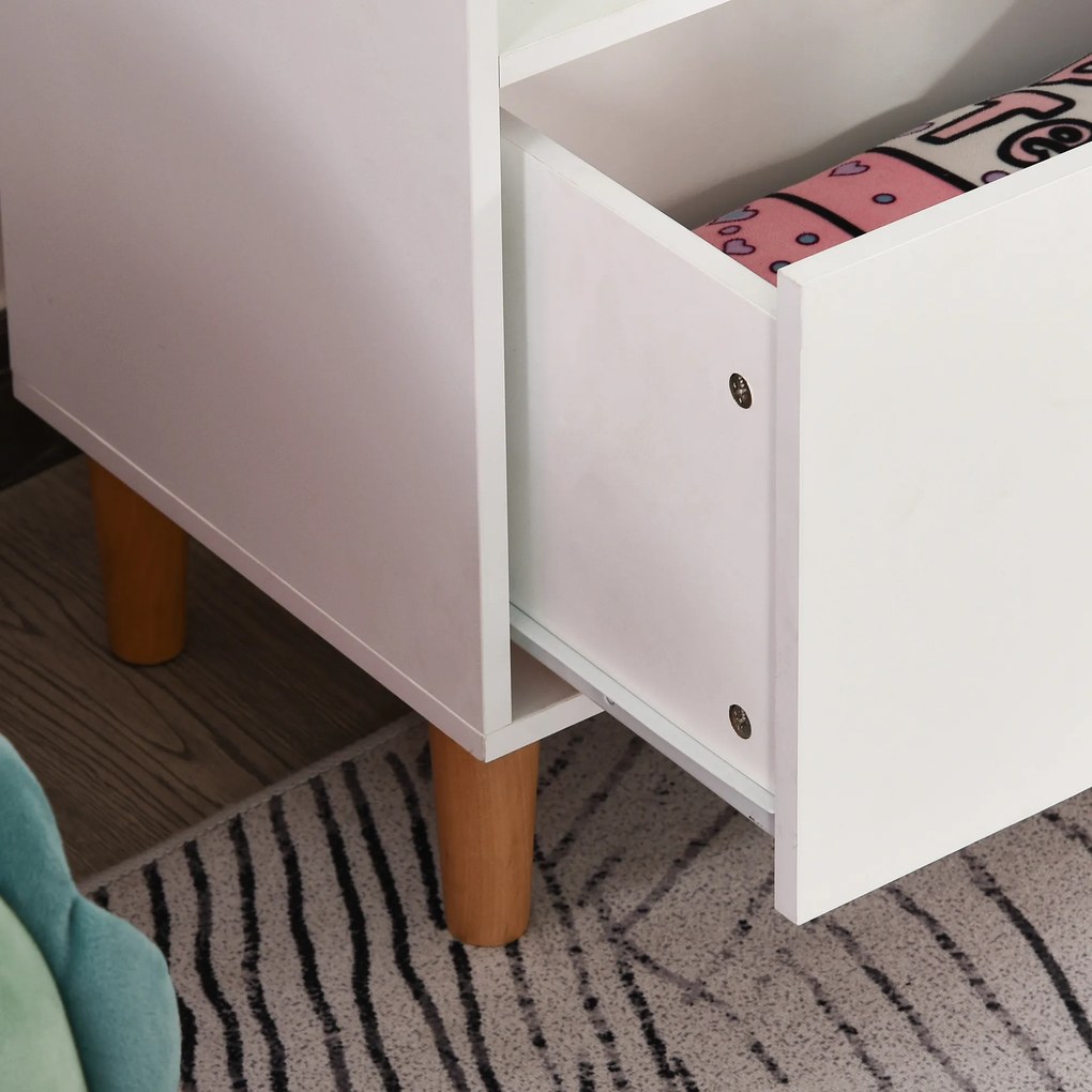 HOMCOM Dětská knihovna Dřevěná knihovna pro děti na knihy, hračky a DVD s 4 policemi a 1 zásuvkou Dvoubarevný kompaktní design 50x30x142 cm Bílá