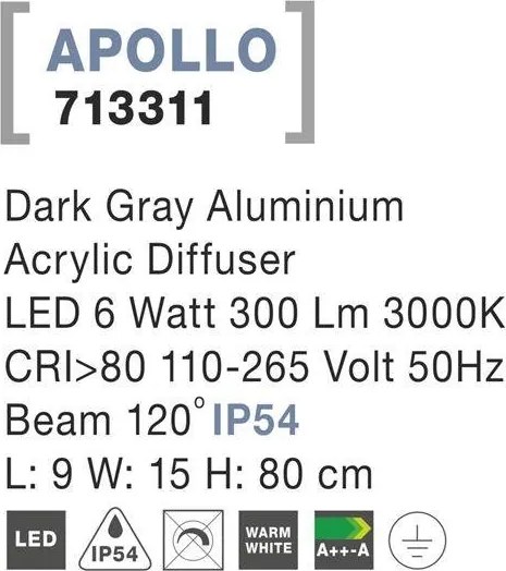 NV 713311 Venkovní sloupkové svítidlo APOLLO tmavě šedý hliník akrylový difuzor LED 5W 3000K 110-265V 120st. IP54 - NOVA LUCE