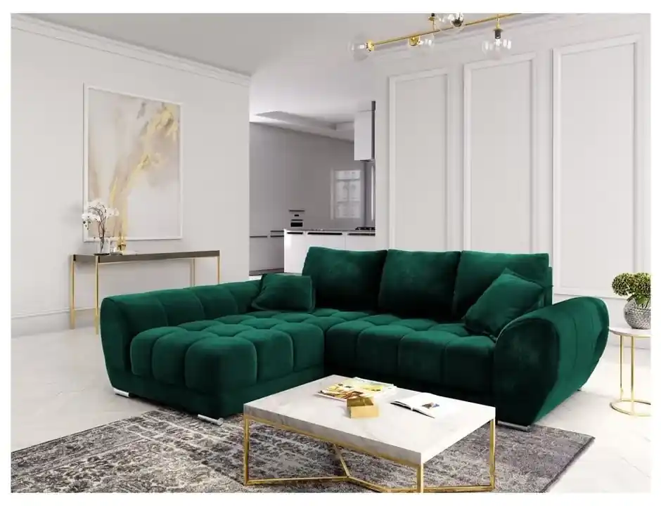 Colțar extensibil cu tapițerie de catifea și șezlong pe partea stângă  Windsor &amp; Co Sofas Nuage, verde smarald | BIANO