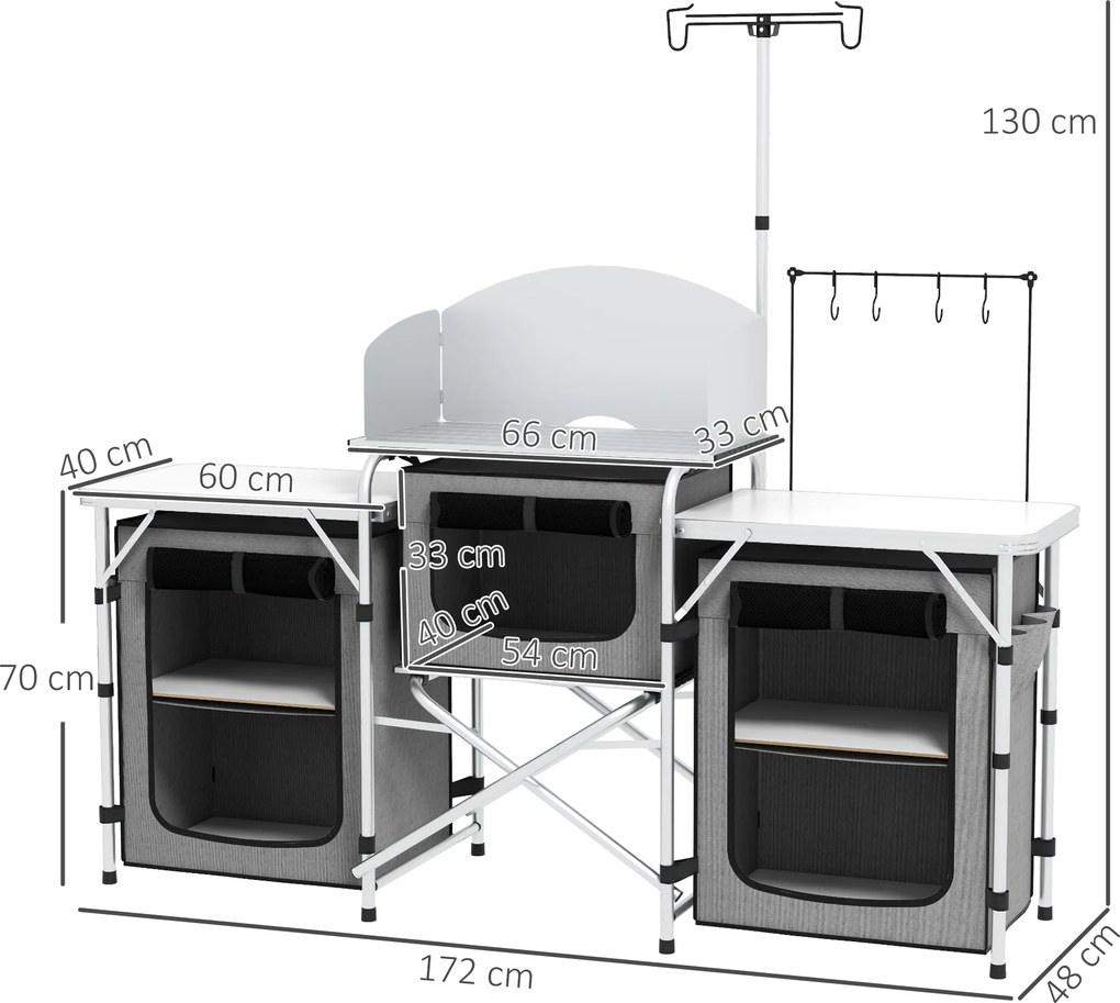Skládací kempingová kuchyňka Outsunny s větrnou zábranou, 3 skříňkami a 3 nastavitelnými pracovními deskami, hliníková oxfordská šedá pro zahradu a o…
