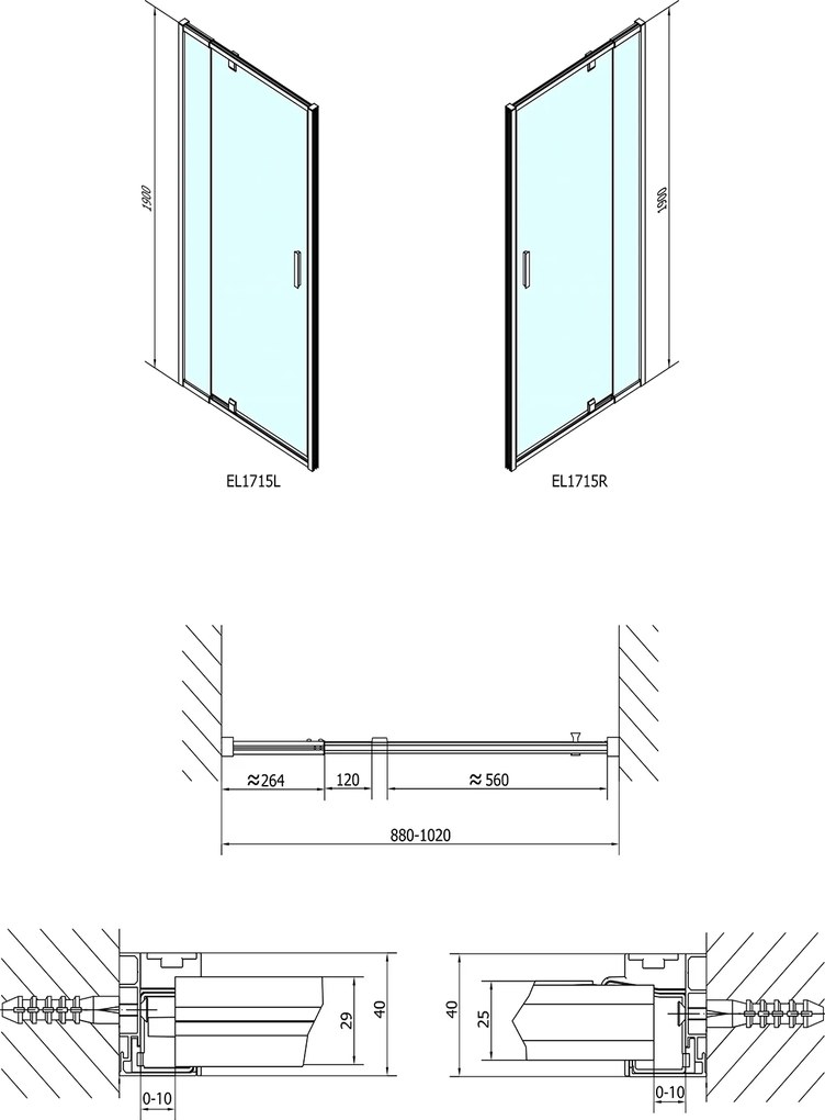 Polysan, EASY LINE otočné sprchové dveře 880-1020mm, čiré sklo, EL1715