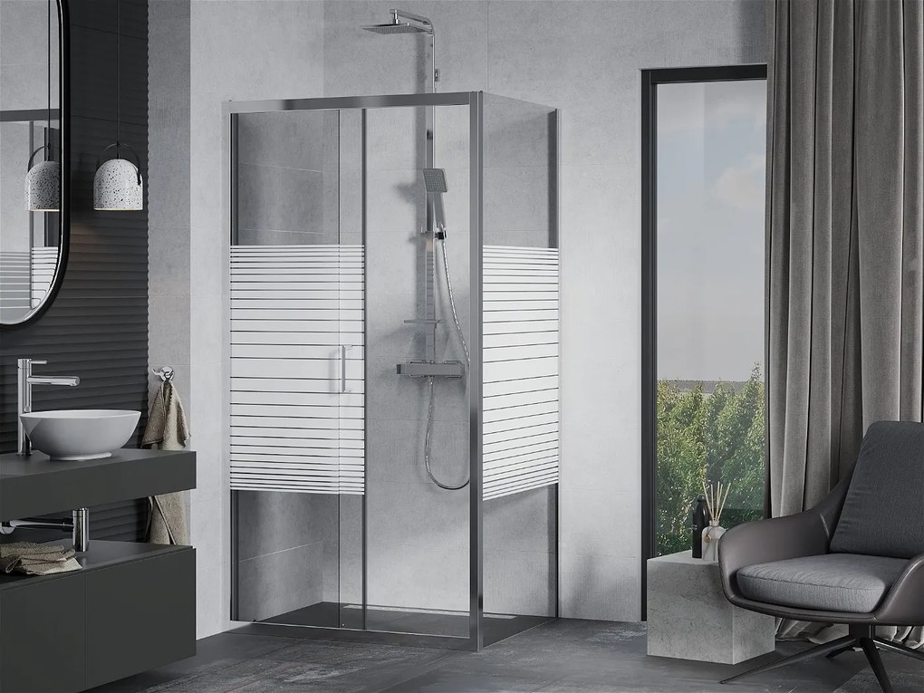 Mexen Apia sprchový kout s posuvnými dveřmi 135 (dveře) x 90 (stěna) cm, 5mm čiré sklo s pásky, chromový profil, 840-135-090-01-20