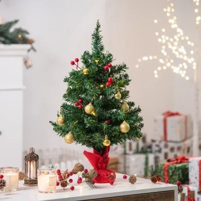 HOMCOM Mini vánoční ozdoba na vánoční stromek Vánoční dekorace, včetně vánočních ozdob a LED světýlek 60 cm, vícebarevné
