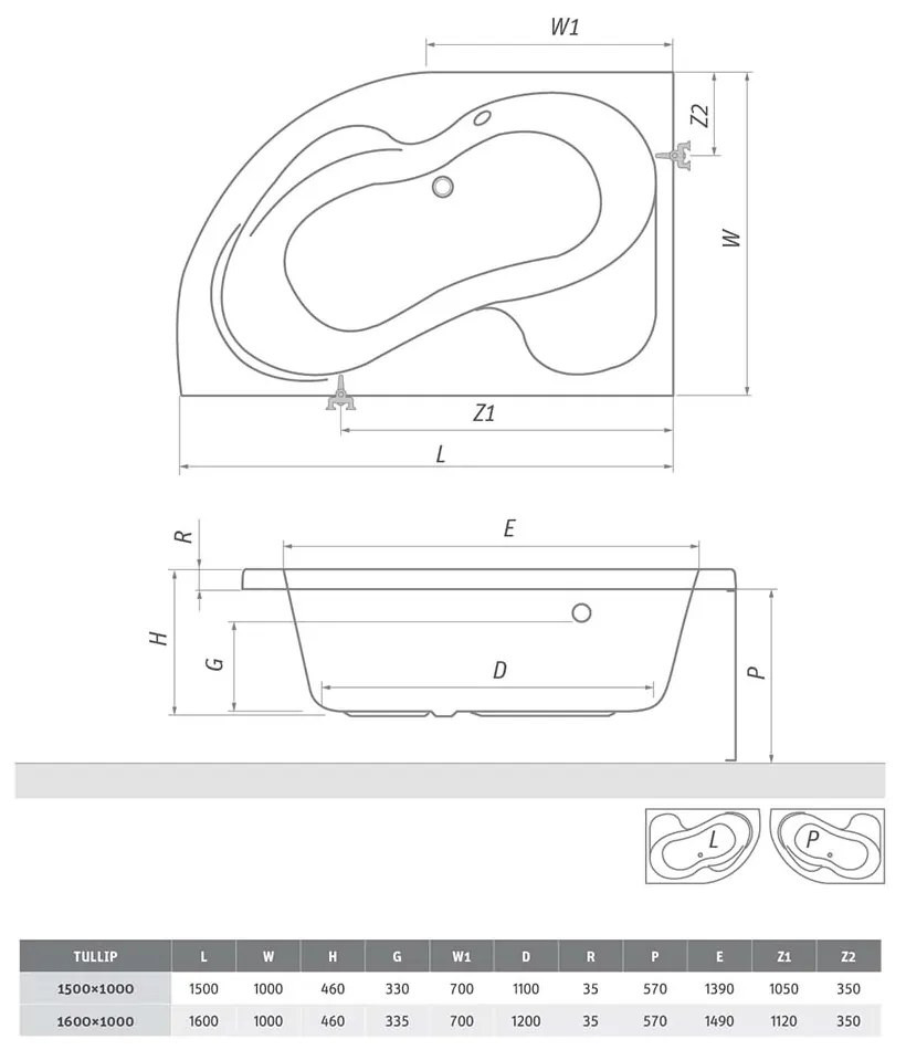 Roth Asymetrická akrylátová vana TULLIP Varianta: rozměry: 150x100 cm, orientace: Pravá - (TULLIP /150 P - 5158000)