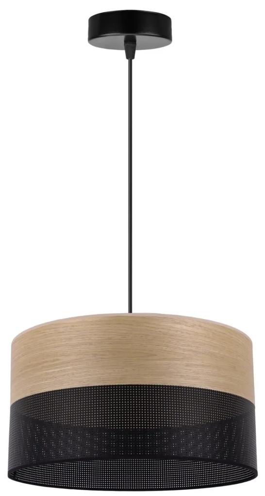 Závěsné svítidlo Wood, 1x dýha zlatý dub/černé plastové stínítko, (fi 30cm)
