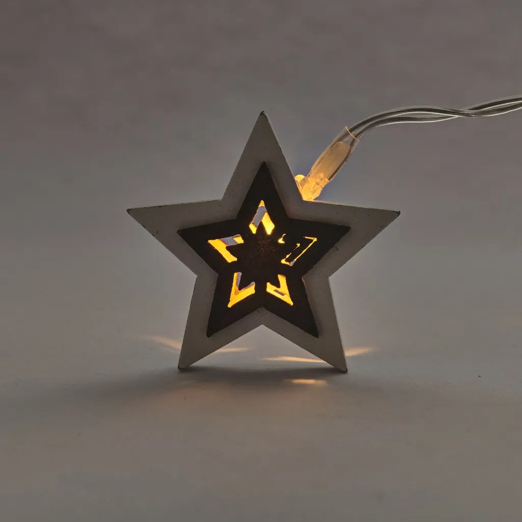 LED světýlka na baterie, dřevěné hvězdičky, 1,8 m, teple bílá, 10 diod, čirý kabel, IP20 interiér, 2 × AA