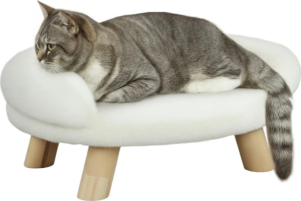 PawHut Psí Pohovka, Psí Postel, Pohovka pro Zvířata s Vzneseným Designem, Psí Gauč, Kočičí Pohovka, Psí Křeslo se Dřevěnými Nohy, Flanel, Krémová, 47