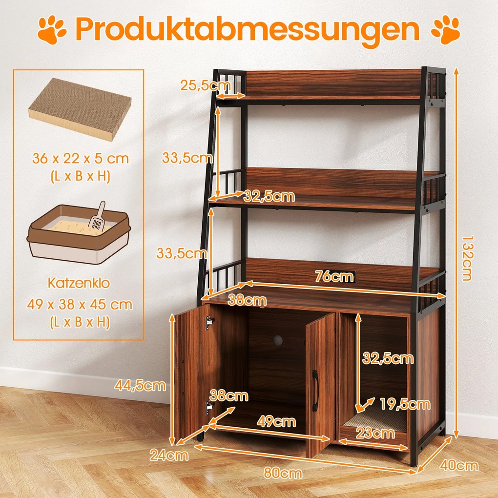 Costway Skříň pro kočky s nabíjecí stanicí na knihy 3 rovná – 80 × 40 × 132 cm