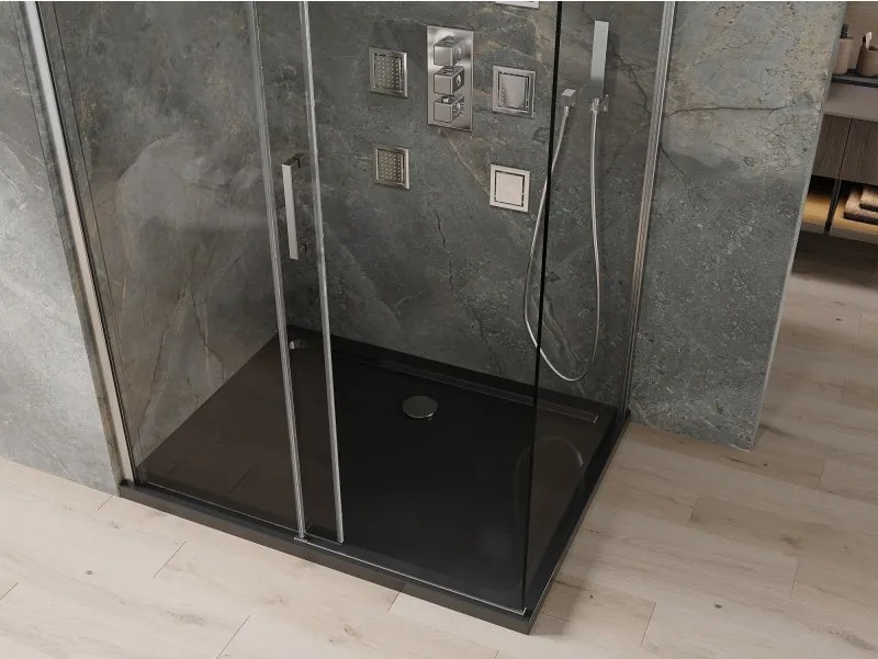 Mexen Omega, sprchový kout s posuvnými dveřmi 100 (dveře) x 90 (stěna) cm, 8mm čiré sklo, chromový profil + slim sprchová vanička černá + chromový sifon, 825-100-090-01-00-4070
