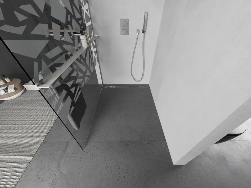 Mexen Kioto+, sprchová zástěna Walk-In s poličkou a věšákem 120 x 200 cm, 8mm čiré sklo bílý vzor, broušená ocel profil, 800-120-121-97-85