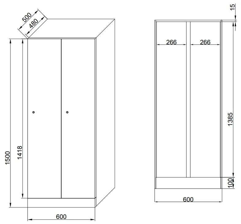 Šatní skříňka snížená, 2 oddíly, 1500 x 600 x 500 mm, kódový zámek, laminované dveře, bílá