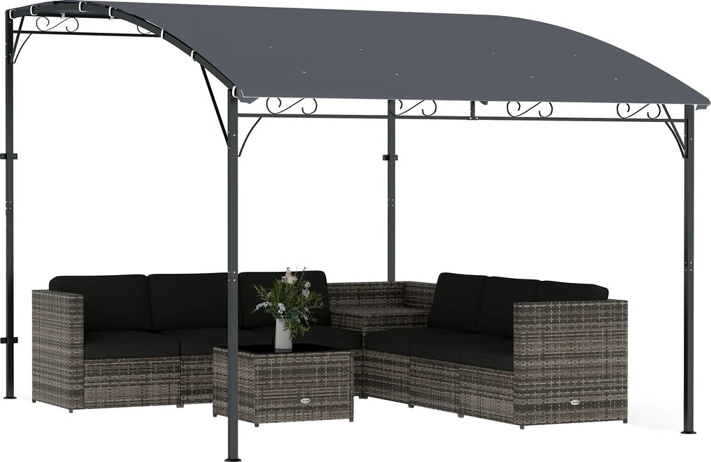 Outsunny stěnová zahradní pergola, 384 × 286 × 252 cm — šikmá drenážní střecha, nepromokavá stříška UPF30+, práškově lakovaný kovový rám, šedá | Aosom
