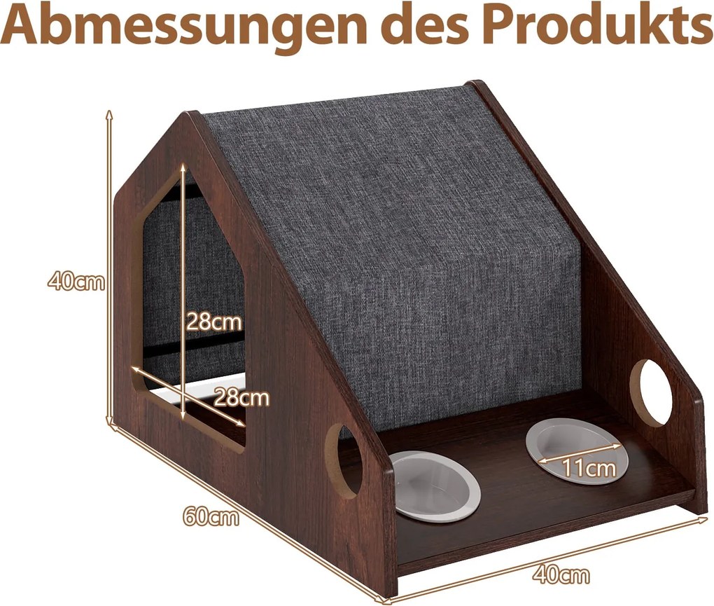 Costway Dřevěná bouda pro kočky v bytě, všestranný kočičí byt, nábytek s krmnou