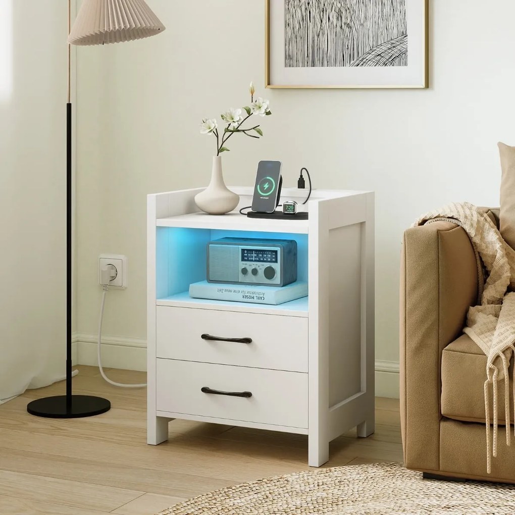 Costway Noční stolek s LED světly a nabíjecí stanicí s 2 zásuvkami a otevřeným