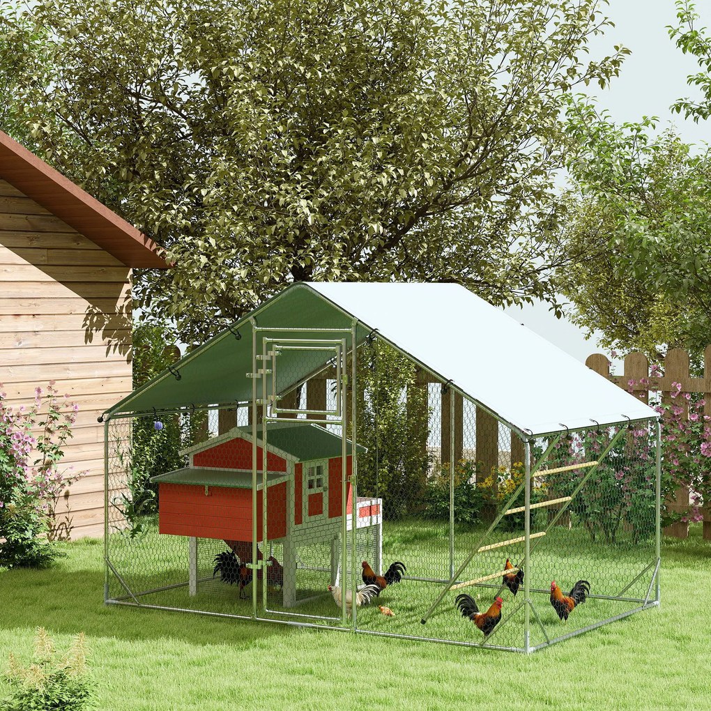 Ocelový výběh pro kuřata PawHut, 300 x 200 x 195 cm, klec pro kuřata s krytem odolným proti UV záření, dvířka na krmení, závěsné krmítko, bidýlko, vý…