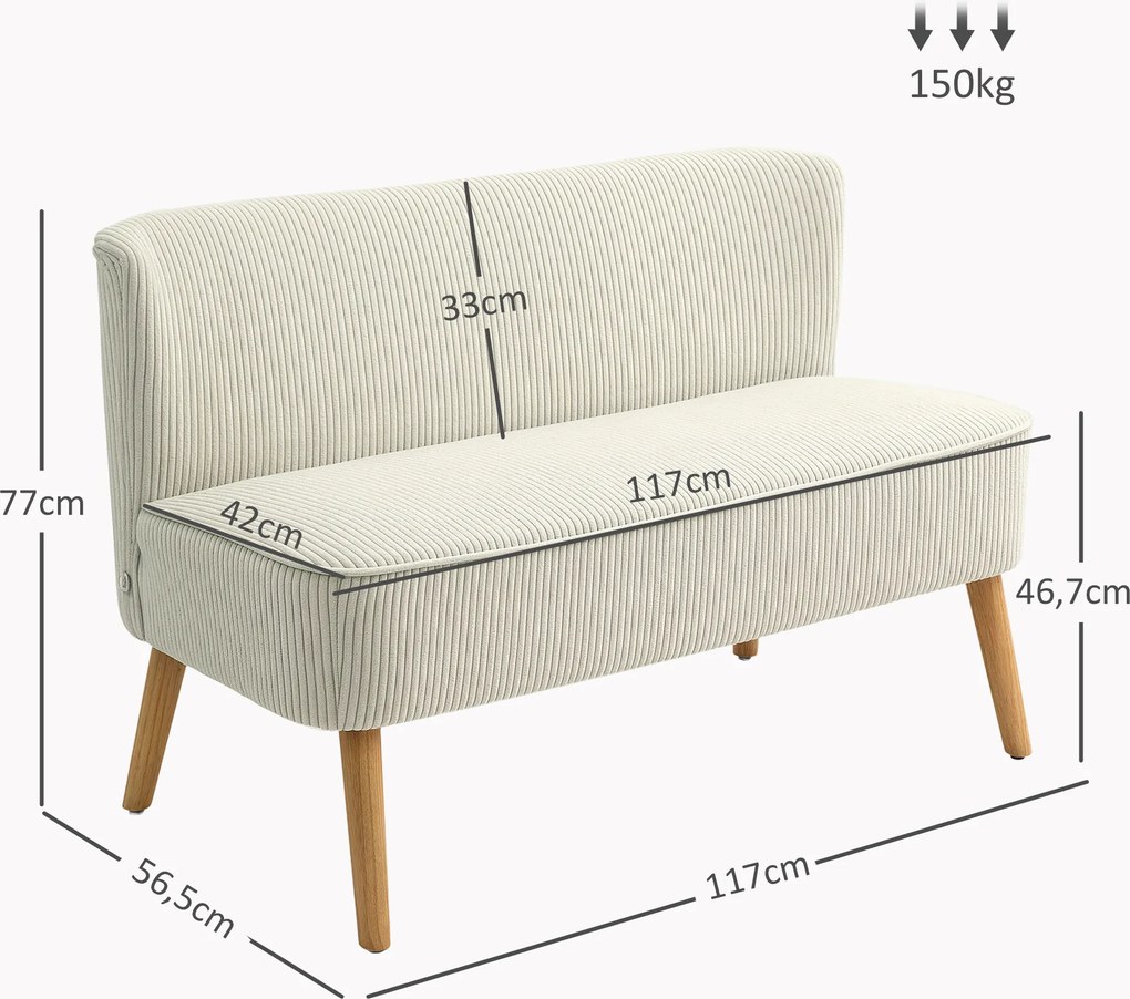 HOMCOM Moderní dvoumístná pohovka bez opěrky se sametovým vzhledem, malá pohovka s dřevěnými nohami, 117 x 56,5 x 77 cm, Krémová