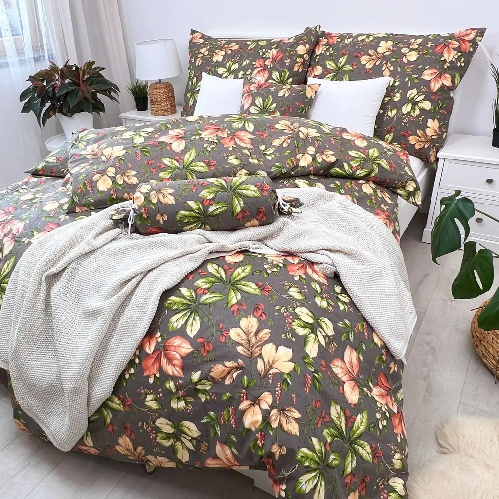 Bavlněné povlečení Podzim šedohnědý Zapínání: knoflík, Velikost polštáře: 70x90, Velikost přikrývky: 140x240