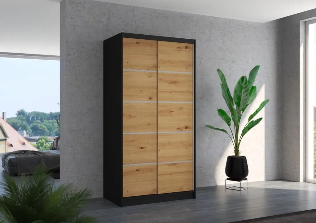 Šatní skříň s posuvnými dveřmi Riva - 100 cm Barva: Bílá/dub Sonoma