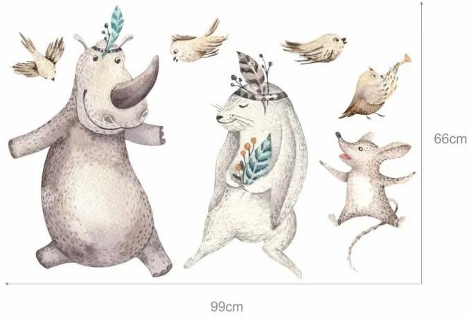 Gario Dětská nálepka na zeď Forest team - nosorožec, zajíček, myška a ptáčci Rozměry: 66 x 44 cm