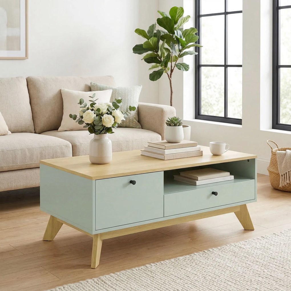 HOMCOM Konferenční stolek do obývacího pokoje, obdélníkový odkládací stolek se zásuvkou, dvířky a otevřeným prostorem, světle zelená a dub