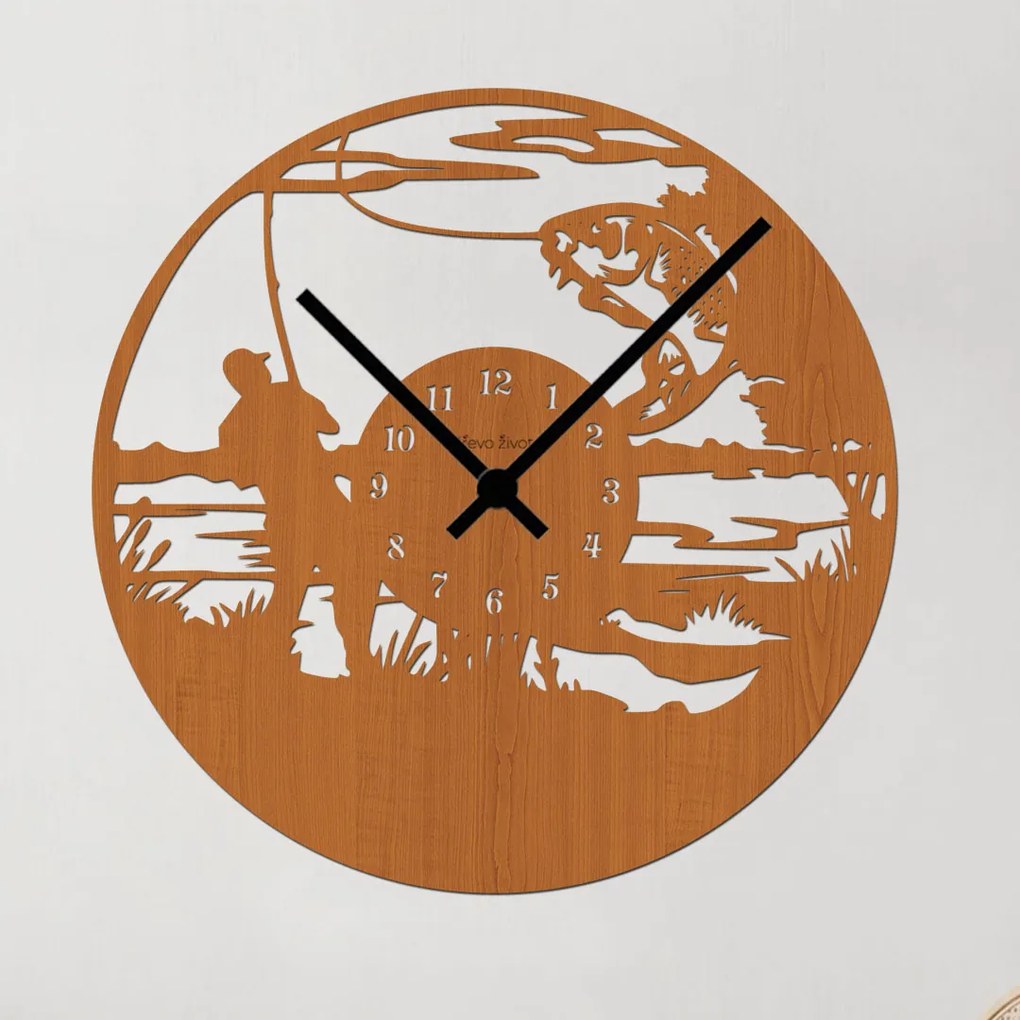 dřevo života Rybářské nástěnné hodiny Zvolte barvu dekoru: Ořech, Zvolte velikost hodin (cm): 35x35, Barva ručiček: Černé