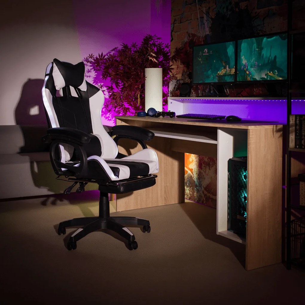 Kancelářské/herní křeslo s RGB LED podsvícením, černá/bílá, JOVELA