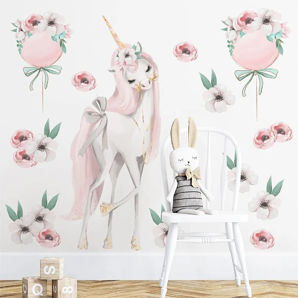 Gario Dětská nálepka na zeď Pastel unicorns - jednorožec, balóny s bílými a červenými květy