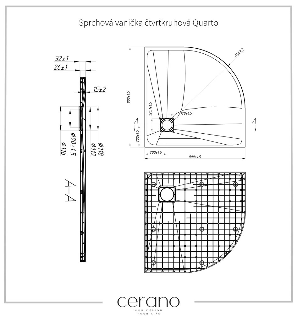 Cerano Quarto, čtvrtkruhová sprchová vanička 80x80x3 cm z minerálního kompozitu, bílá, CER-CER-414755
