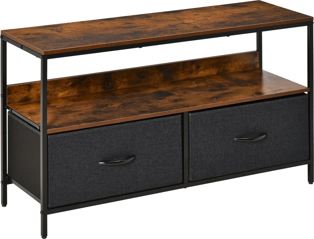 HOMCOM TV Stojan pro TV do 47" s industriálním stylem, s policí a 2 skládacími textilními šuplíky pro obývací pokoj nebo ložnici 98x29x56 cm v rustik…