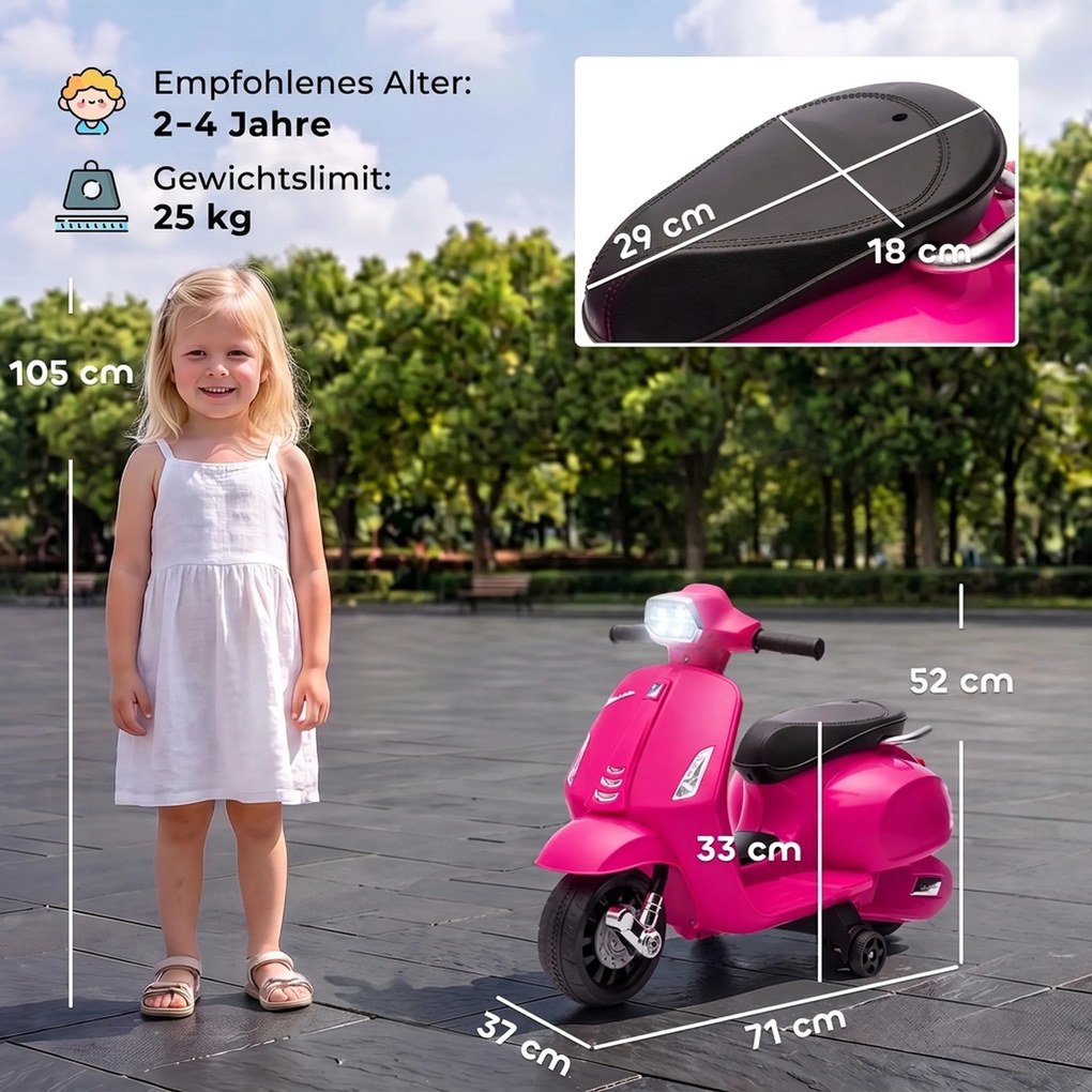 AIYAPLAY Elektrická dětská motorka Vespa 6V s pomocnými kolečky, světlometem a houkačkou pro 2–4 roky 71 x 37 x 52 cm, růžová