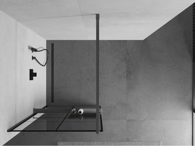 Mexen Kioto+, sprchová zástěna Walk-In s poličkou a věšákem 70 x 200 cm, 8mm čiré sklo černý vzor, ​​grafitový profil, 800-070-121-95-77